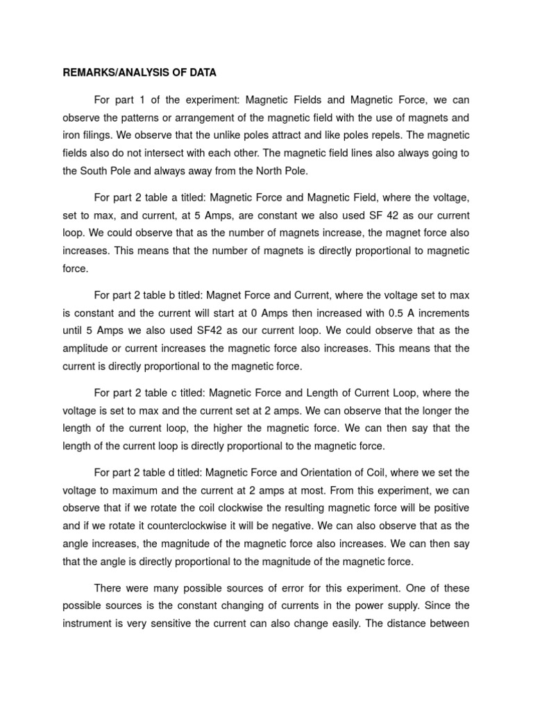 Remarks/Analysis of Data | PDF | Magnetic Field | Magnetic Resonance ...