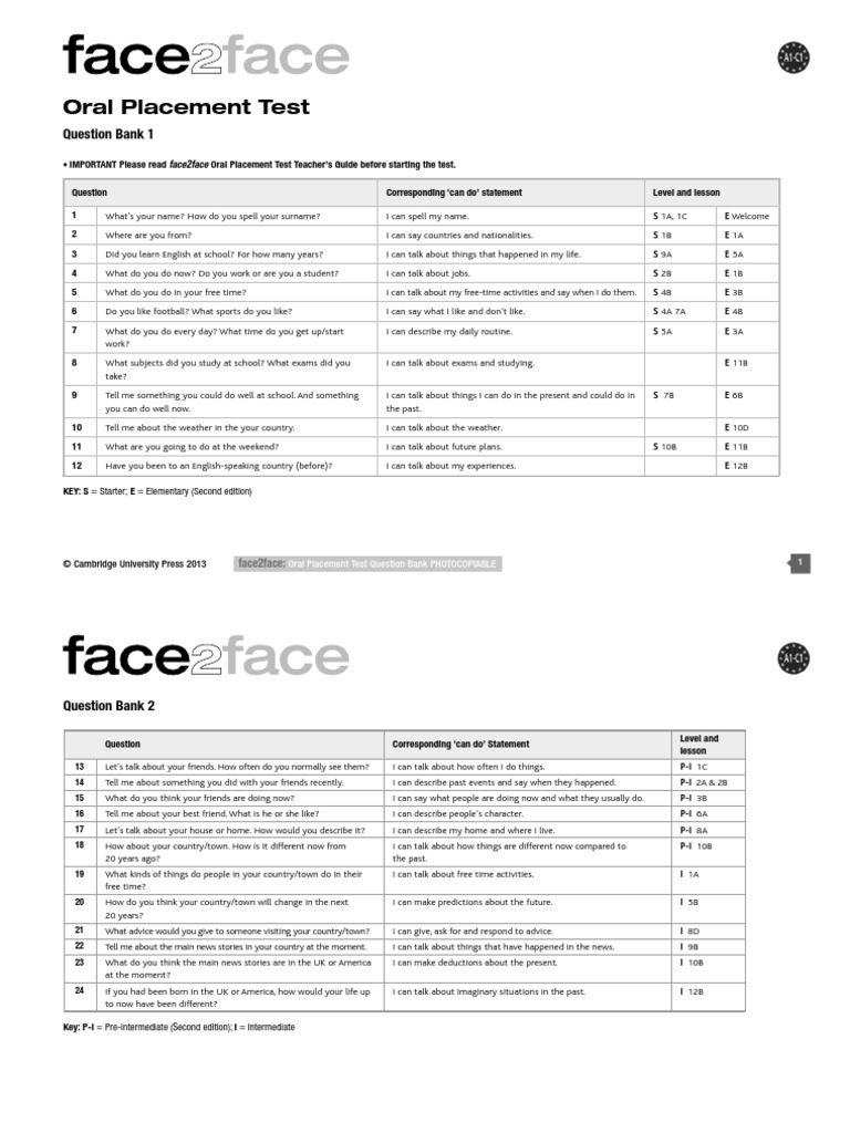 F2F 2ND Oral Placement Test PDF | PDF | Test (Assessment) | Learning