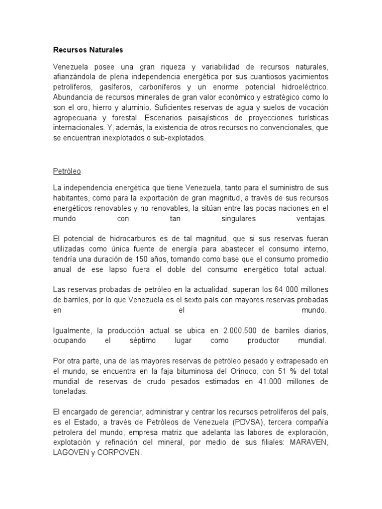 Recursos Naturales de Venezuela | PDF | Petróleo | Venezuela