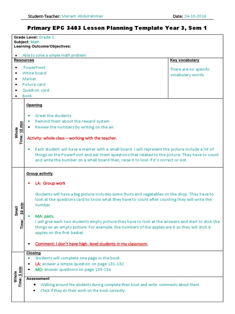 Primary EPC 3403 Lesson Planning Template Year 3, Sem 1: Student ...