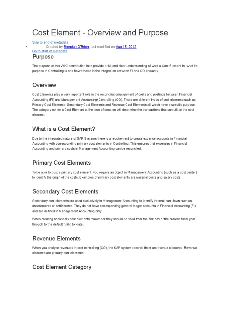 Cost Element - Overview and Purpose | PDF | Management Accounting | Revenue