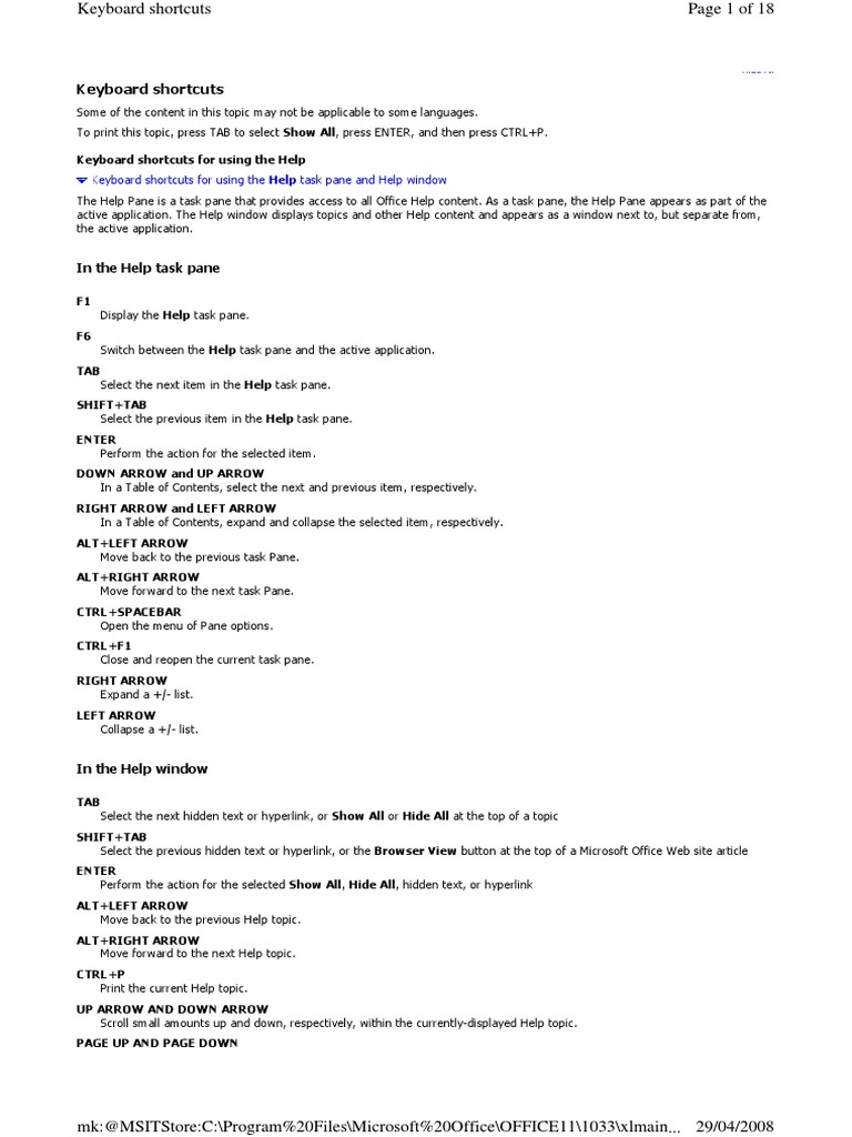 Excel Shortcut Keys | PDF | Computer Keyboard | Menu (Computing)