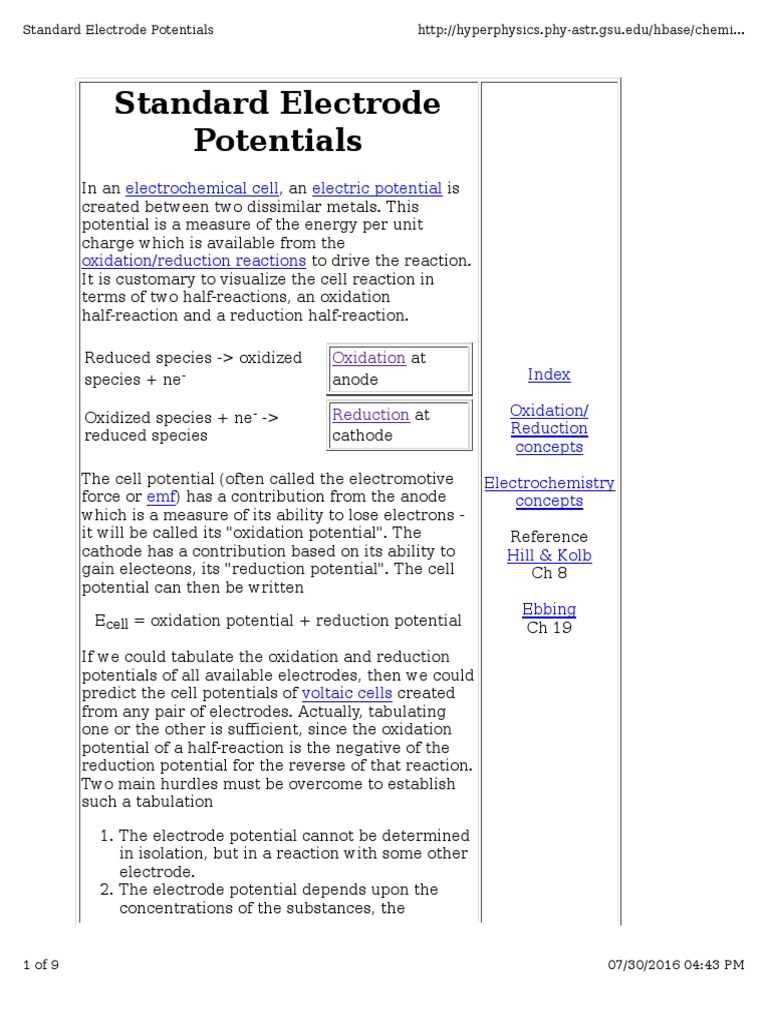 Standard Electrode Potentials: Electrochemical Cell Electric Potential ...