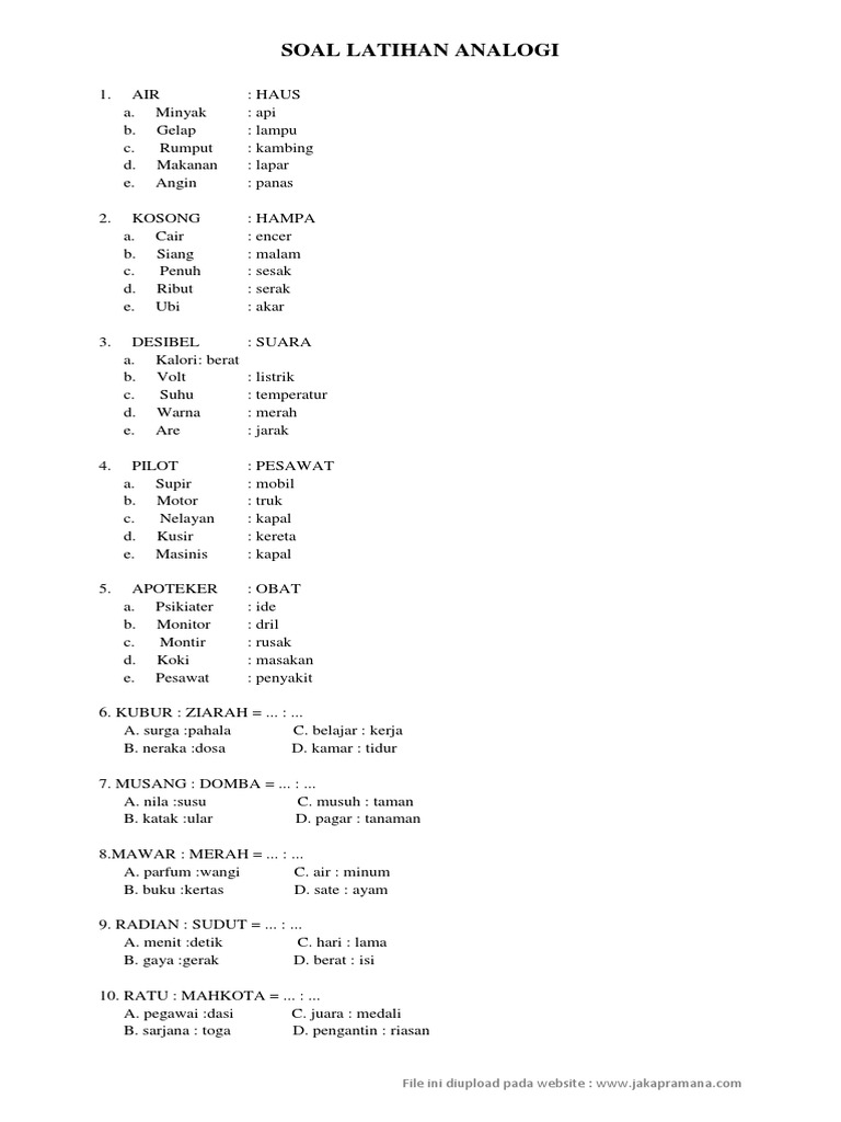 Soal Latihan Analogi Verbal 3 | PDF | Kajian Bahasa Asing | Sains & Matematika
