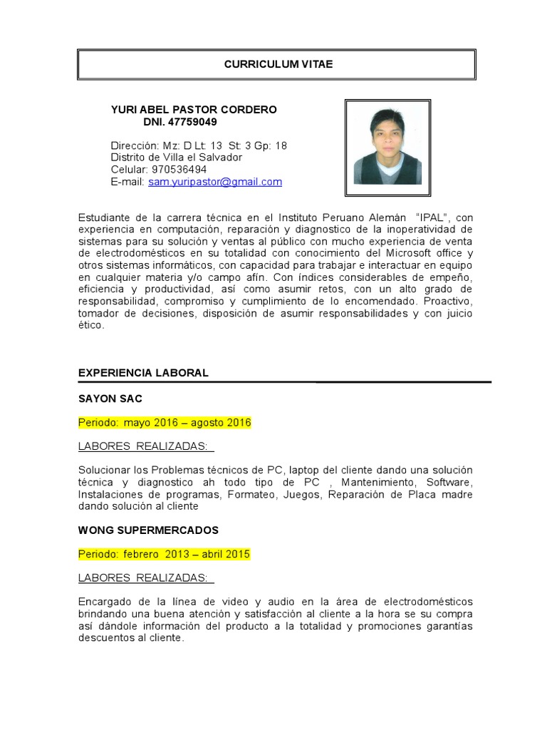 CV Yuri Pastor | PDF | Crecimiento personal y profesional