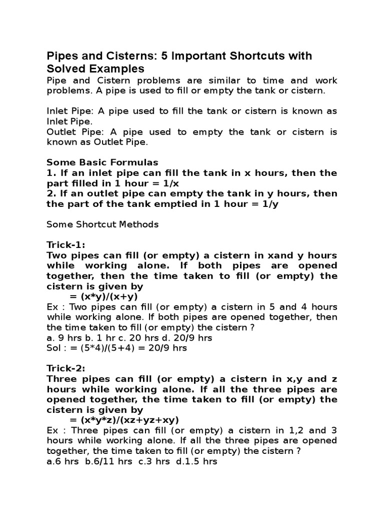 Pipes and Cisterns: 5 Important Shortcuts With Solved Examples | PDF ...