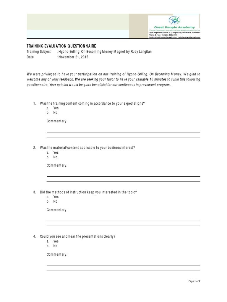 Training Evaluation Questionnaire | PDF | Self-Improvement
