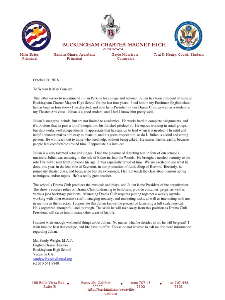 Letter of Rec - Ms Wright | PDF | Leisure
