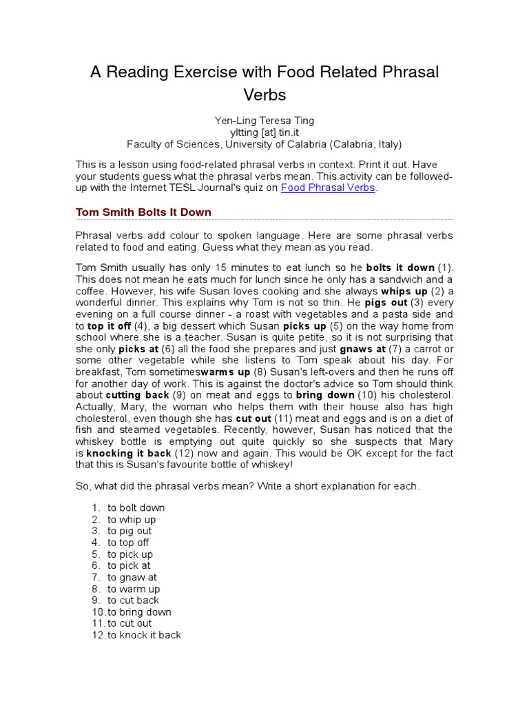 Food Phrasal Verbs for ESL Students | PDF | Phrase | Lunch