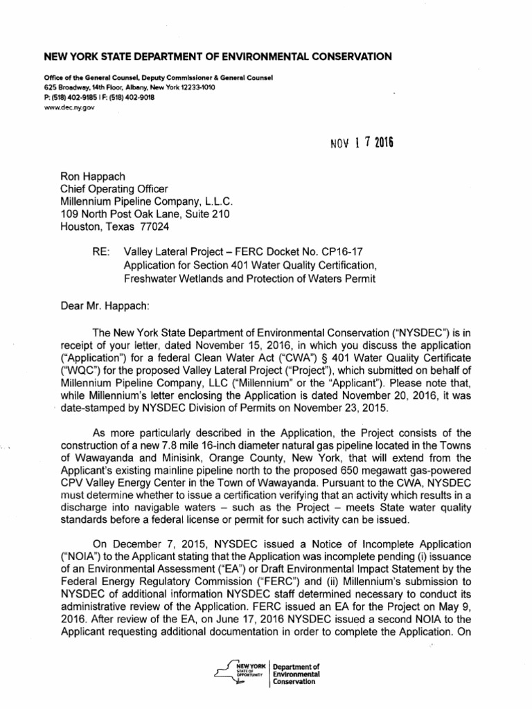 NYSDEC Response To Millennium Pipeline Valley Lateral Connect Project ...