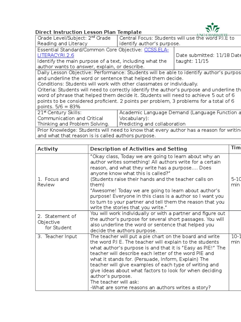 Ccss - Ela-LITERACY - RI.2.6: Direct Instruction Lesson Plan Template | PDF | Lesson Plan ...