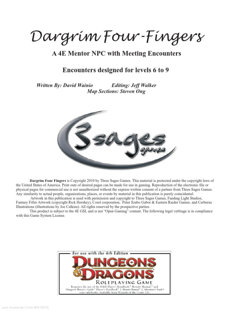 Dargrim Four-Fingers: A 4E Mentor NPC With Meeting Encounters Encounters Designed For Levels 6 ...