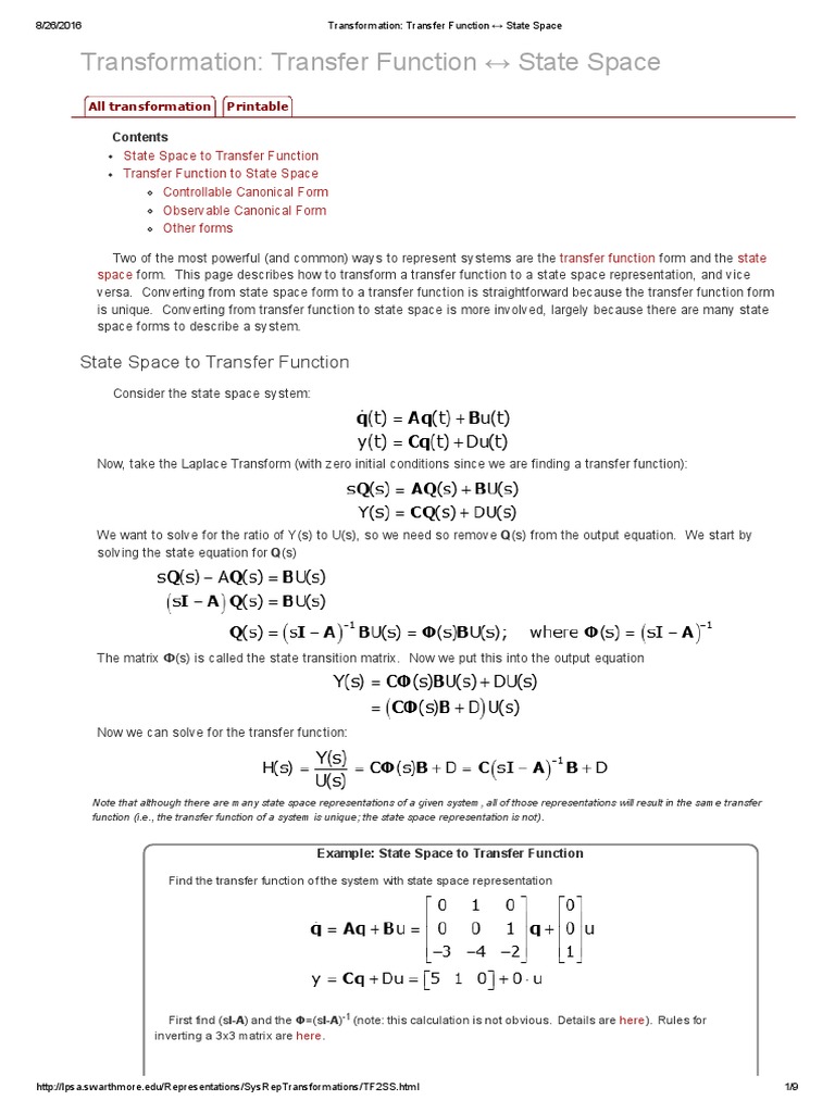 Transformation Transfer Function State Space Pdf Derivative