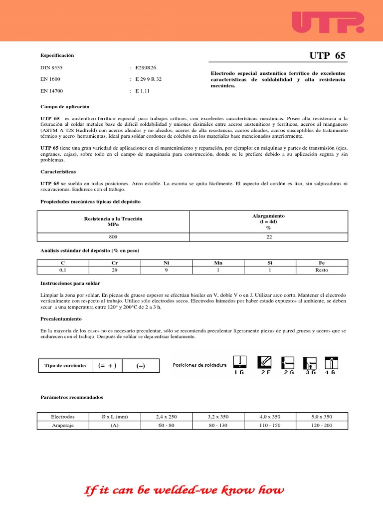 Ficha Tecnica Electrodo Utp 65 | PDF