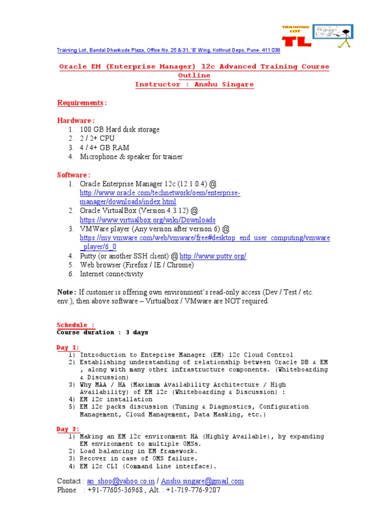 Oracle EM 12c Advanced Training Course Outline | PDF