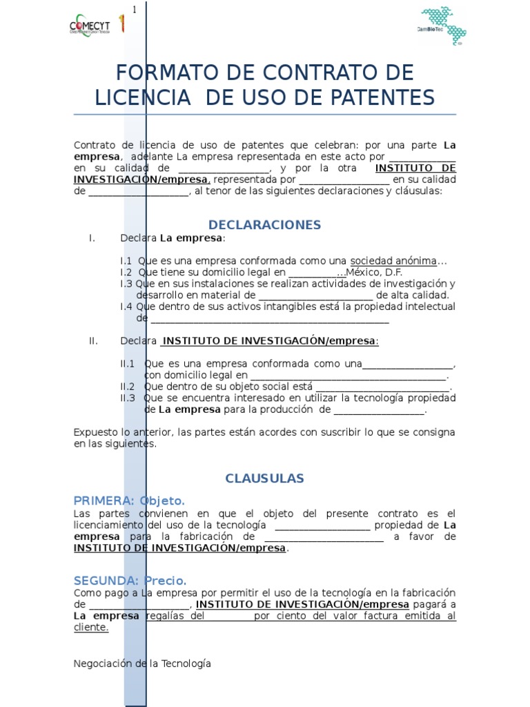 Formato de Contrato de Licencia de Uso de Patentes | Patentar ...