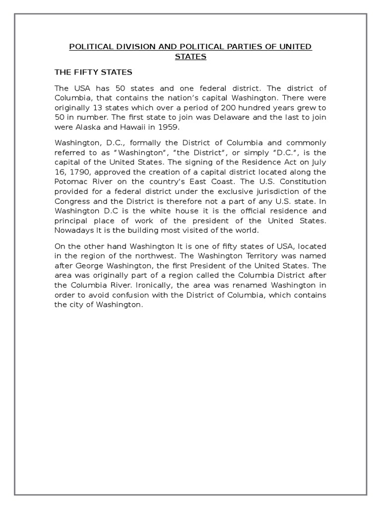 Political Division and Political Parties of United States The Fifty ...