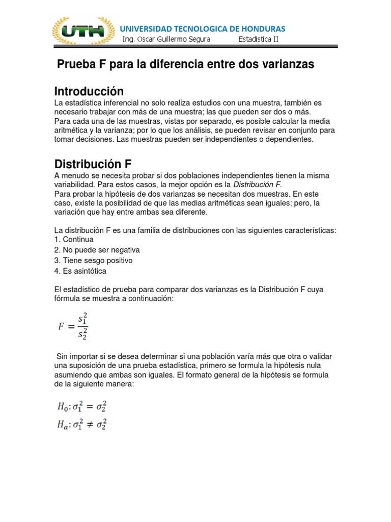 Prueba F para Comparar Varianzas | PDF | Estadísticas | Hipótesis