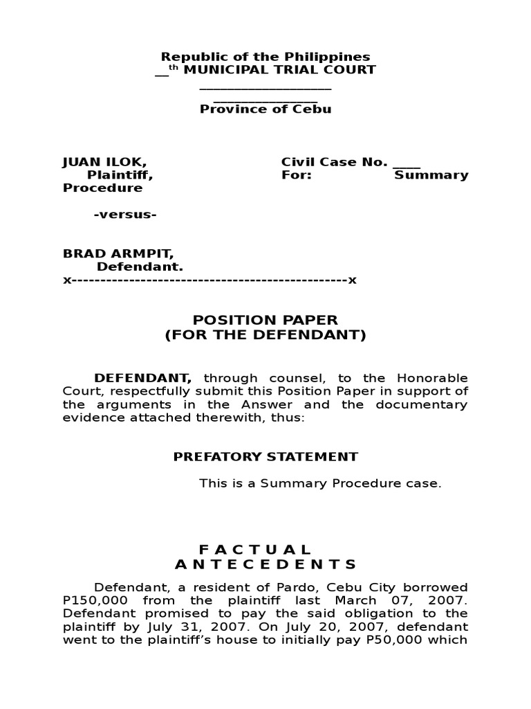 Position Paper Defense Sample | PDF | Lawsuit | Summary Judgment