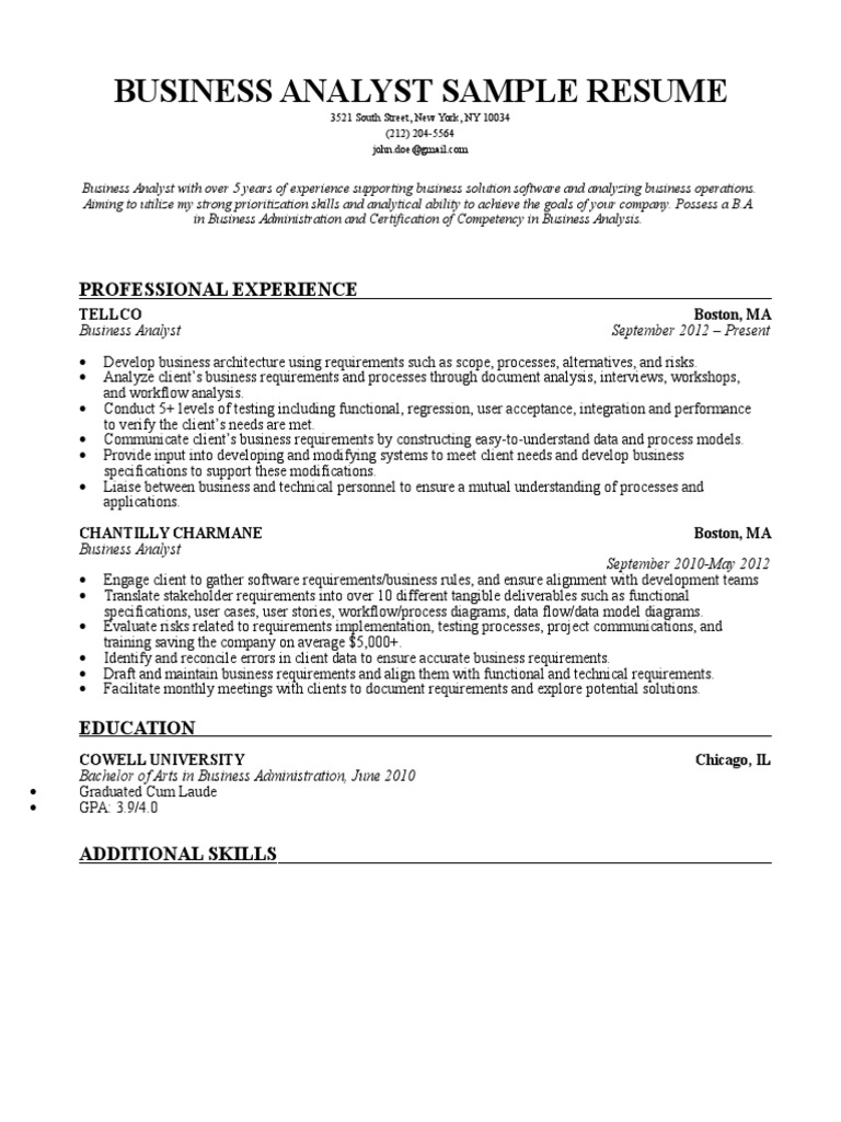 Business Analyst Resume Sample | Business Analysis | Agile Software ...