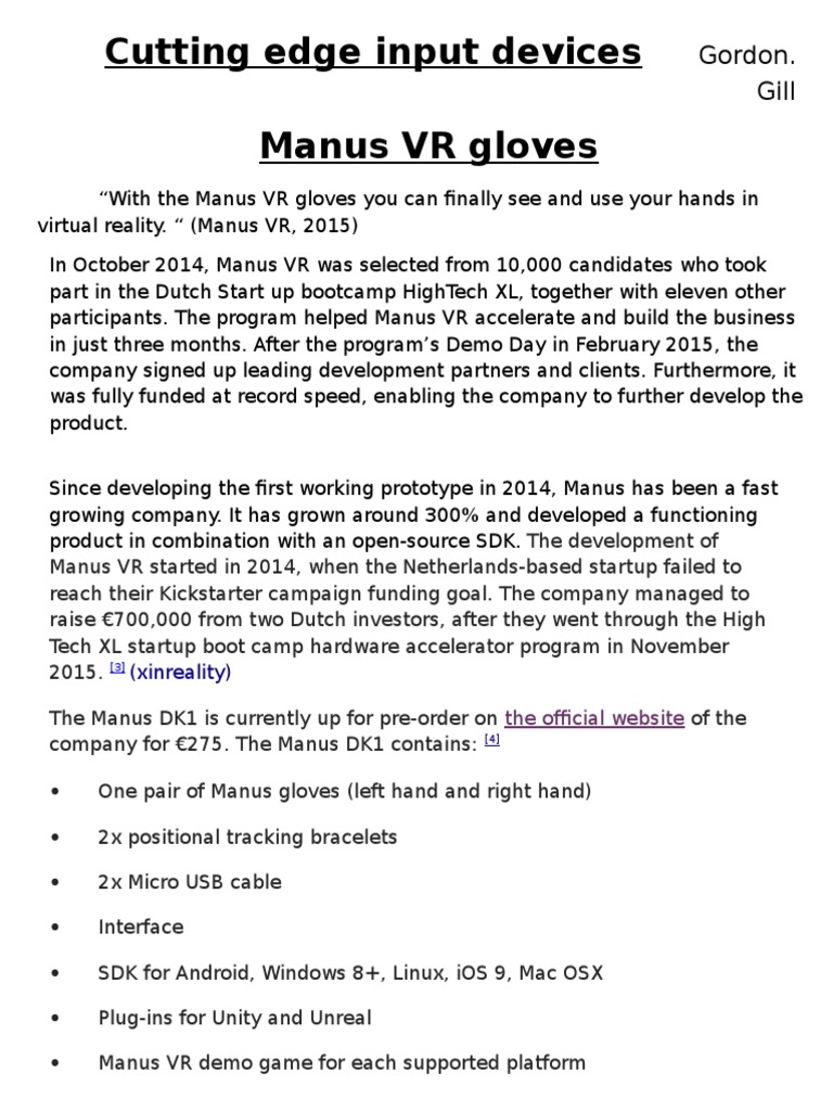 Cutting Edge Input Devices Manus VR Gloves: Gordon. Gill | PDF
