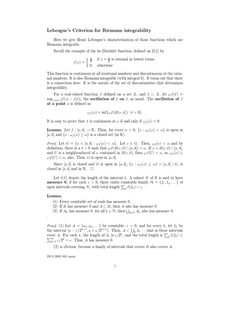 Lebesgue Criterion For Riemann Integrability | PDF | Lebesgue Integration | Teaching Mathematics