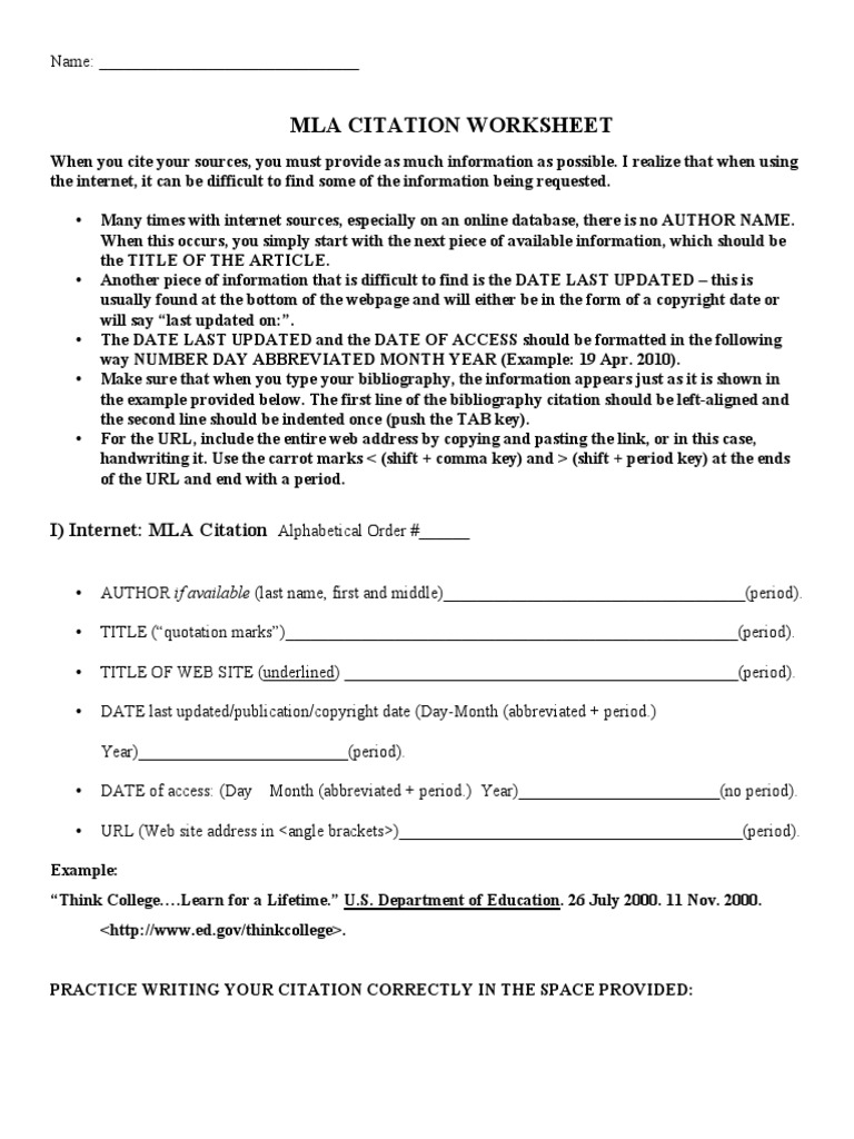 Works Cited and In-Text Citation Worksheet | PDF