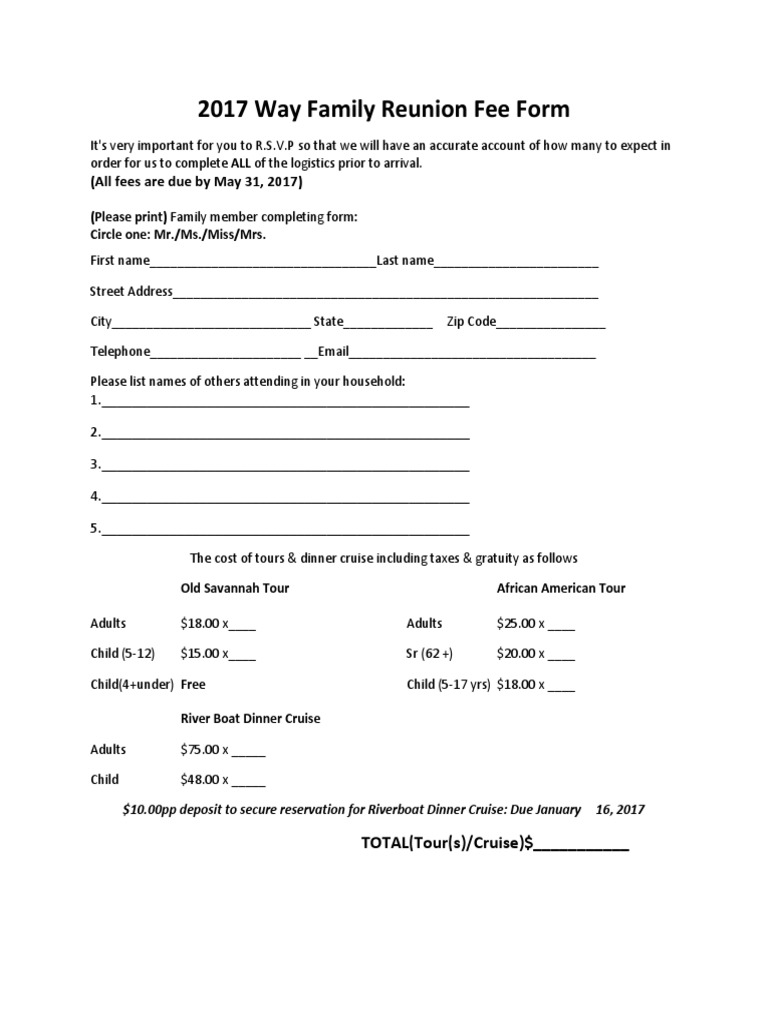 2017 Family Reunion Fee Form | PDF