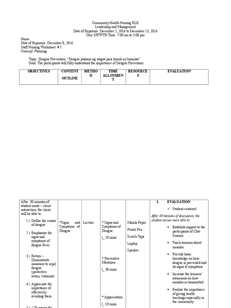 Dengue Teaching Plan | PDF | Health Sciences | Medical Specialties
