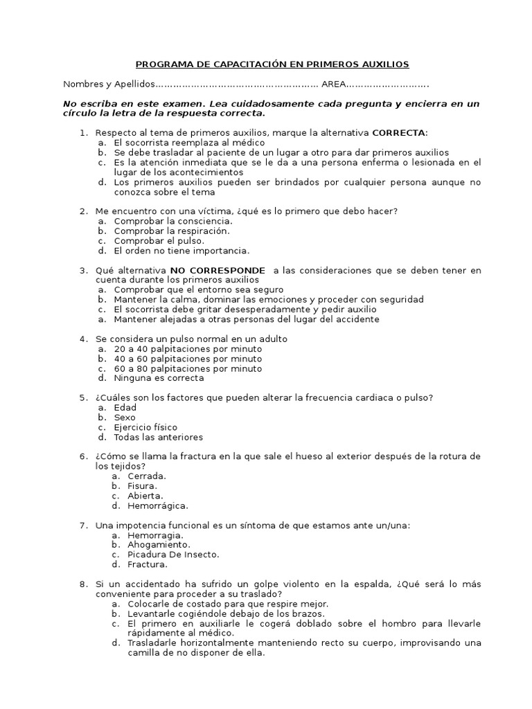 Examen de RCP y Primeros Auxilios | PDF | Reanimación cardiopulmonar ...