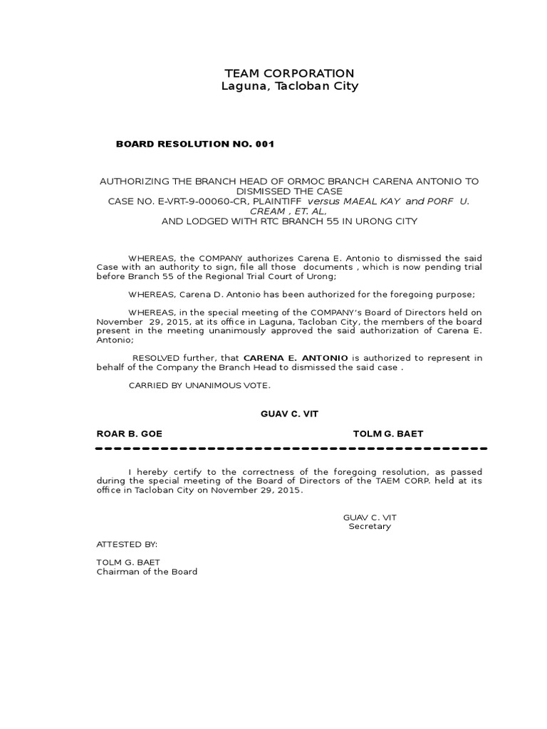 Team Corporation Laguna, Tacloban City: Board Resolution No. 001 | PDF