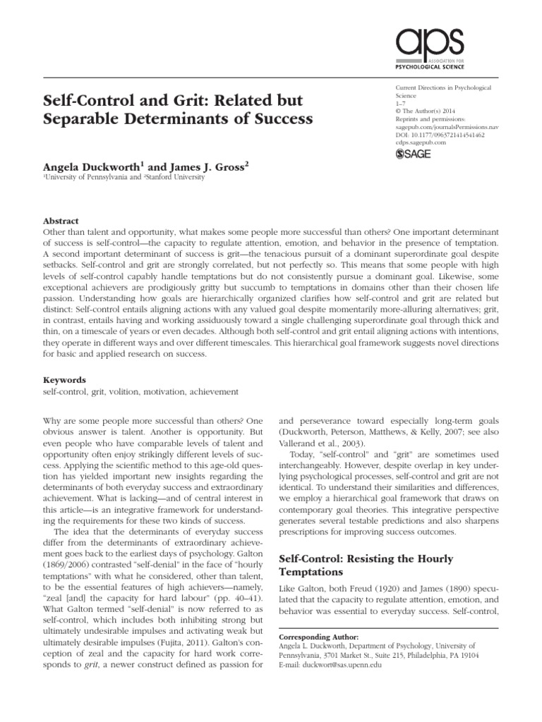 Grit - DuckworthGross2014 PDF | PDF | Grit (Personality Trait) | Self ...