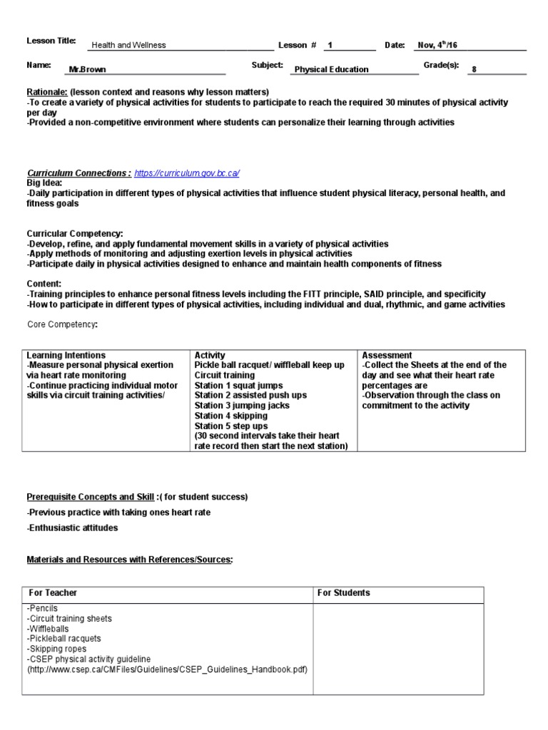 Physical Education Lesson Plan For Circuit Training | PDF | Physical ...
