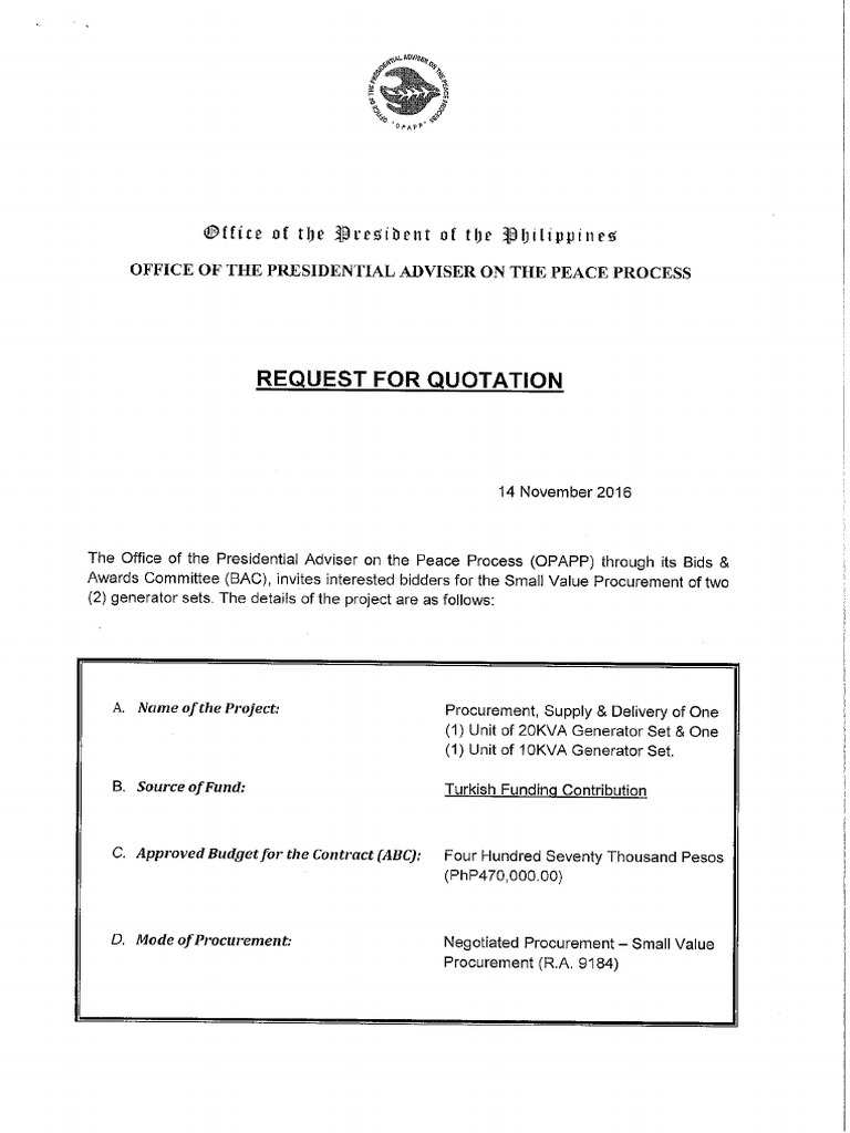 Request For Quotation: Generator Set | PDF