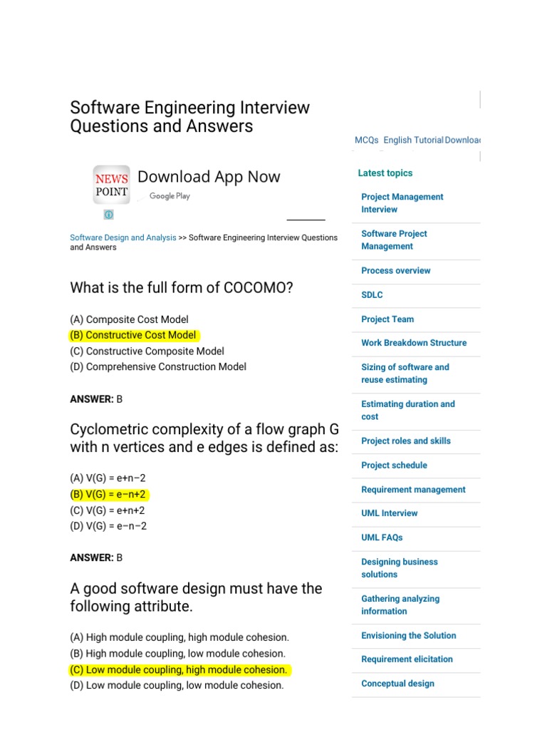 Software Engineering Interview Questions and Answers | PDF | C (Programming Language) | Software