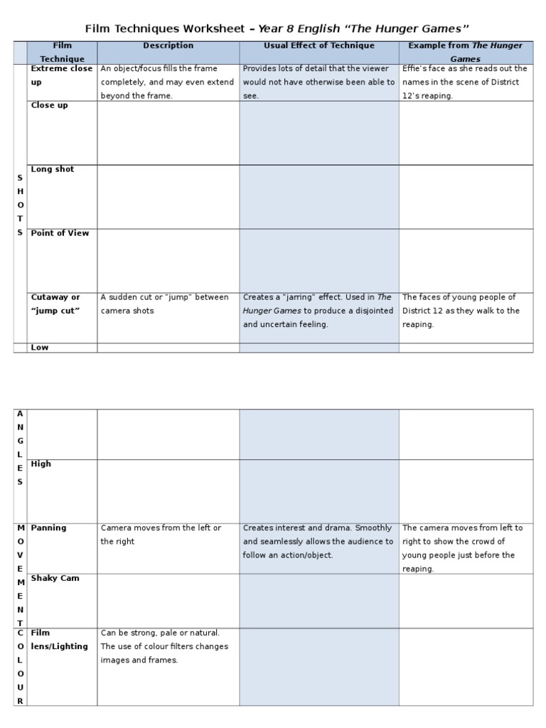 01 Film Techniques Worksheet | PDF
