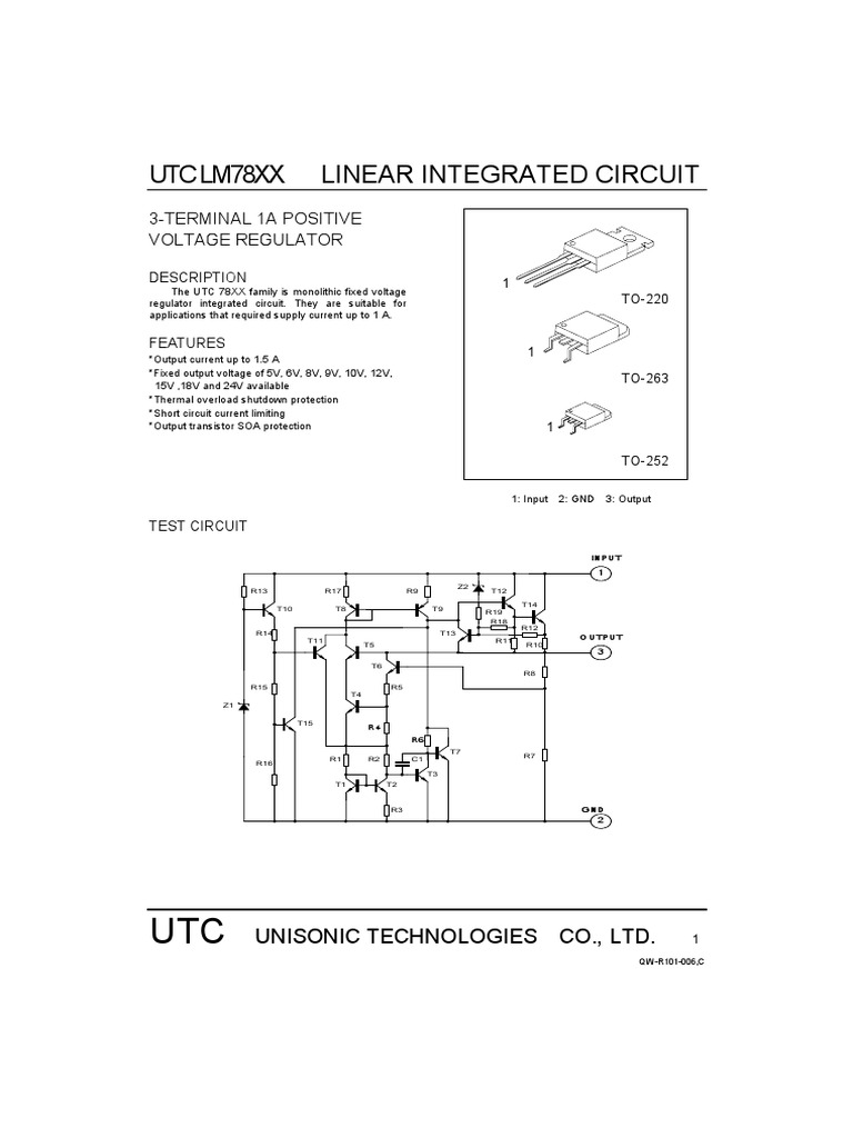 Utc Lm78Xx Linear Integrated Circuit: 3-Terminal 1A Positive Voltage ...