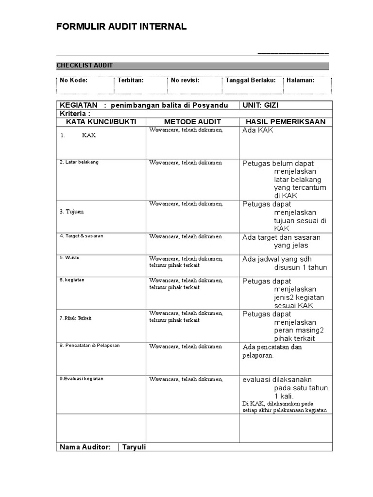 Checklist Audit Internal UKM | PDF