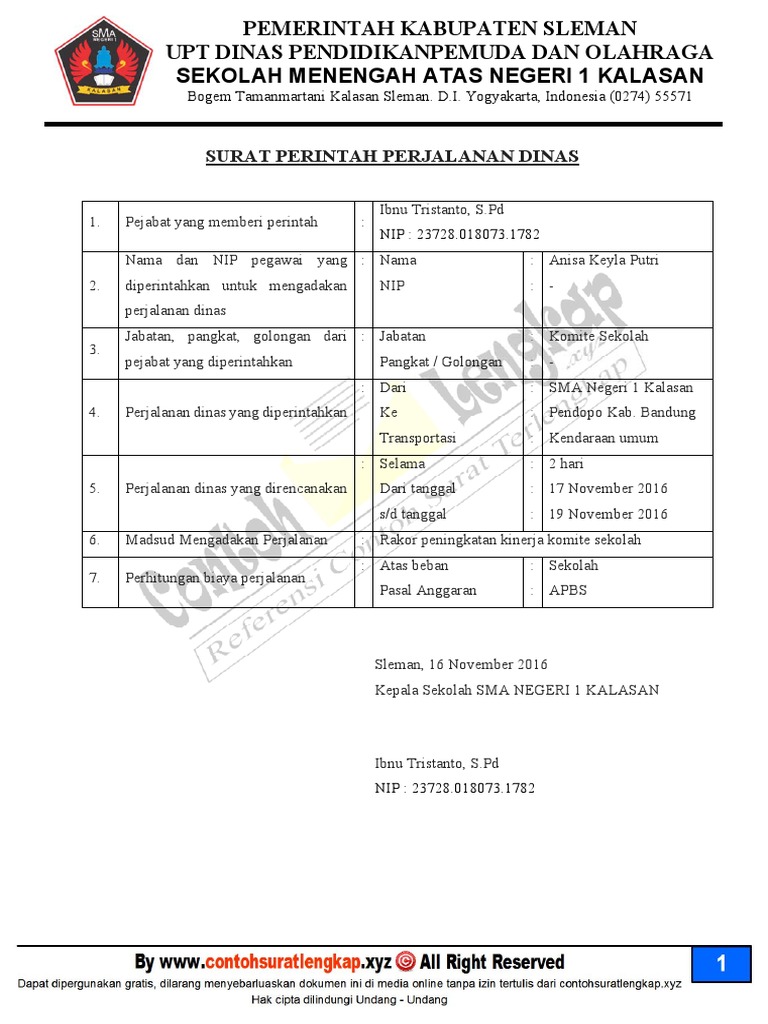 Contoh Surat Perintah Perjalanan Dinas (SPPD) | PDF