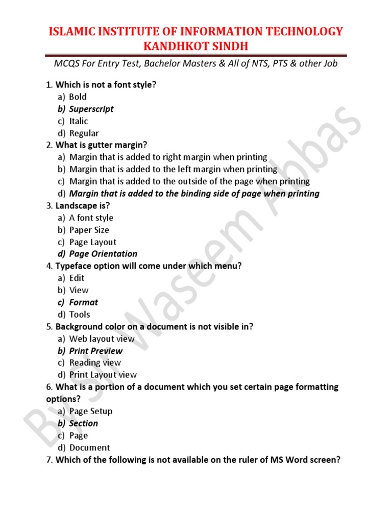 Ms Word Mcqs | PDF | Typefaces | Page Layout