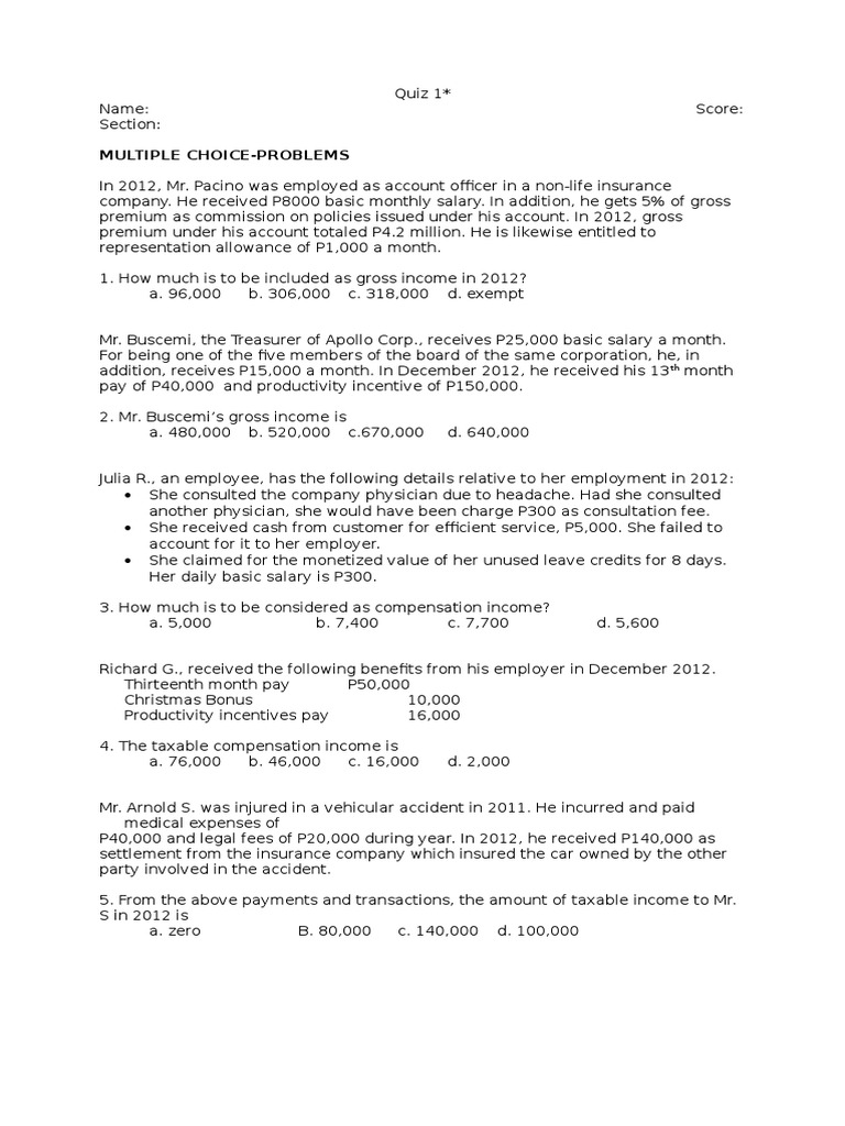 TAX Quiz 1 | PDF | Expense | Insurance