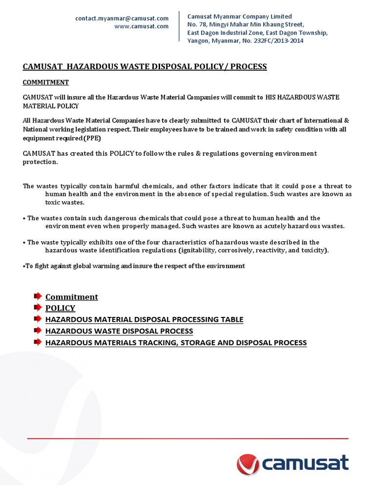 Camusat Myanmar Hazardous Waste Policy | PDF | Hazardous Waste | Waste ...