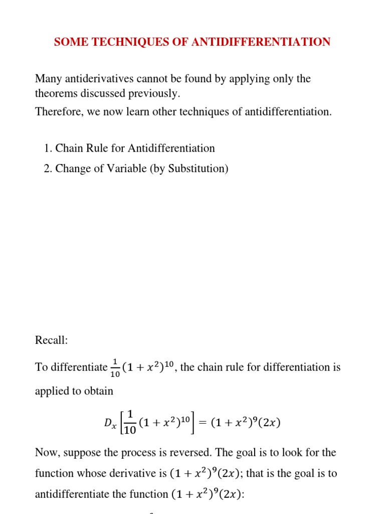 Some Techniques of Antidifferentiation | PDF | Subtraction ...