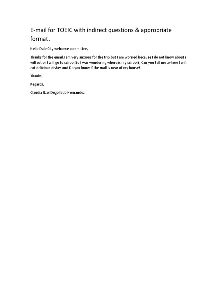 E-Mail For Toeic With Indirect Questions Appropriate Format | PDF ...