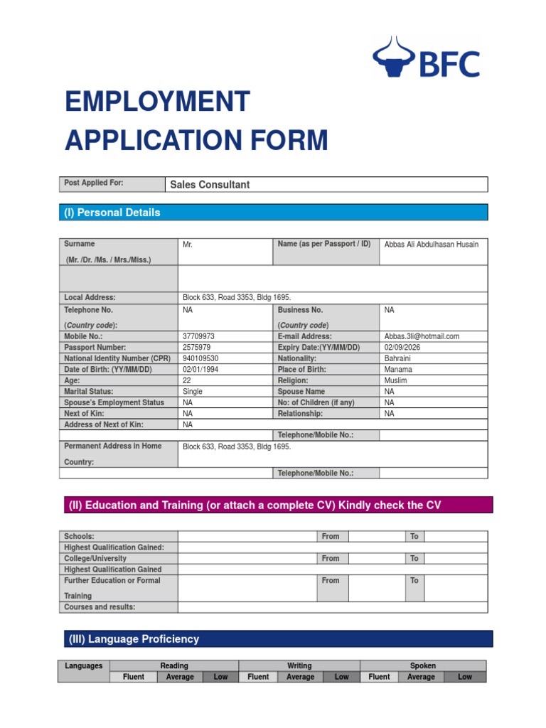 BFC Employment Application Form Bahrain - Docx2 15 2 | PDF | Human ...