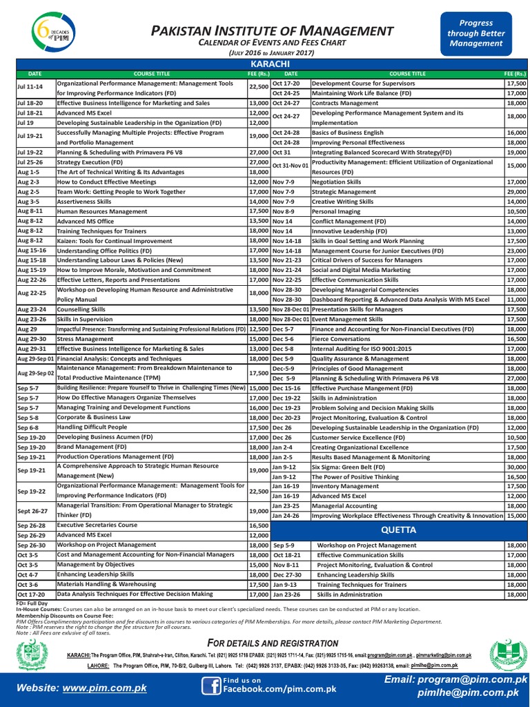 PIM Training Courses Calendar | PDF