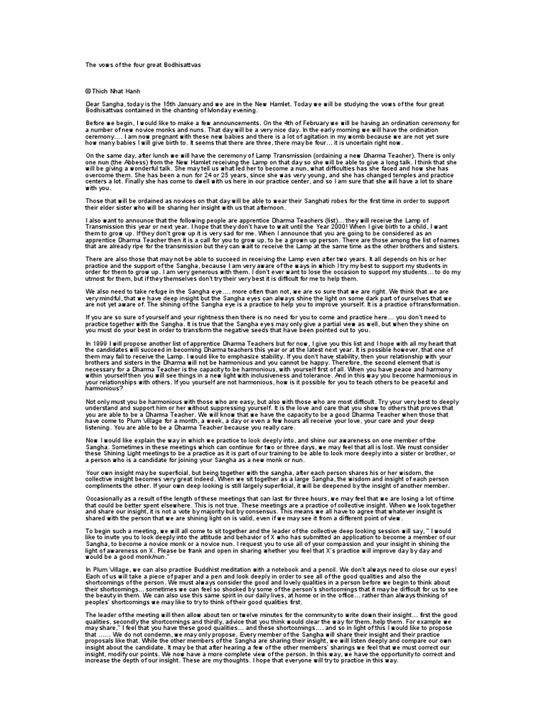 Thich Nhat Hanh - The Vows of The Four Great Bodhisattvas (7p) PDF ...