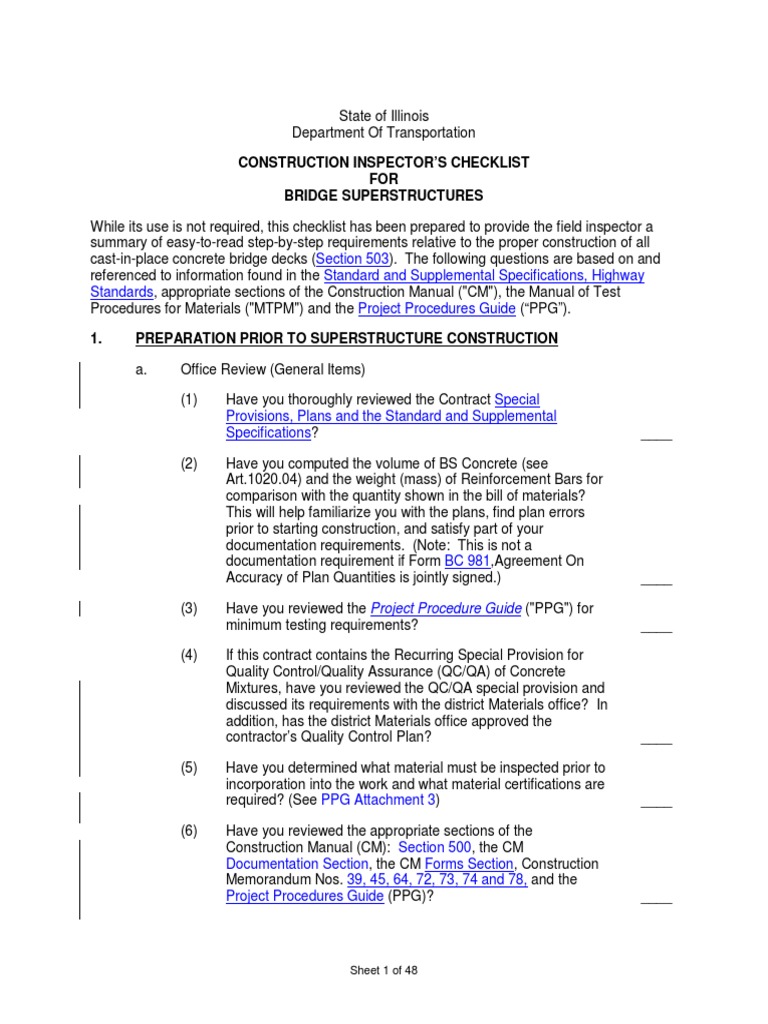 Construction Inspector'S Checklist FOR Bridge Superstructures | PDF ...