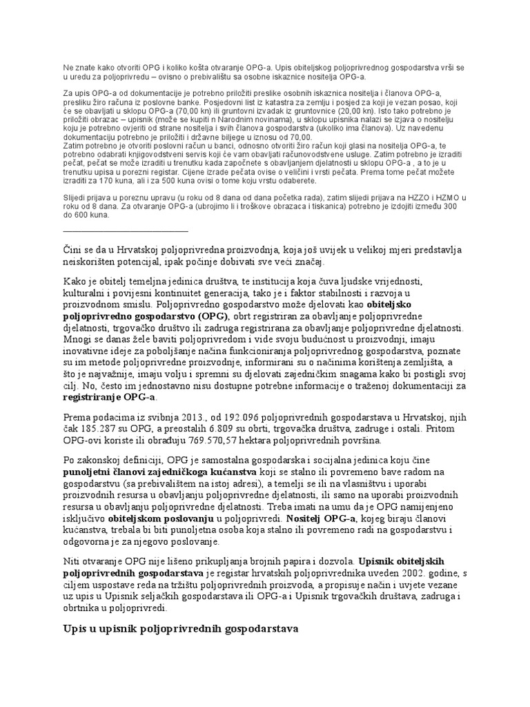 Ne Znate Kako Otvoriti OPG I Koliko Košta Otvaranje OPG | PDF
