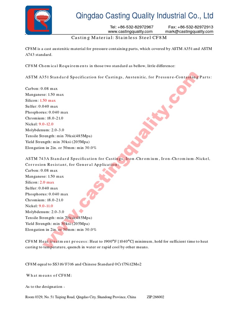 Casting Material Stainless Steel CF8M | PDF | Casting (Metalworking ...